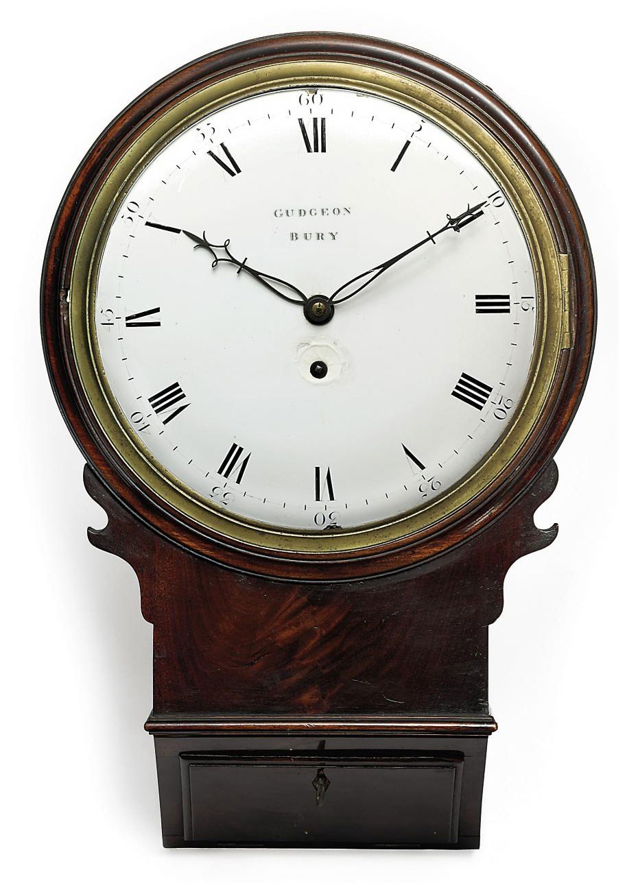 A REGENCY SMALL MAHOGANY DROP DIAL WALL CLOCK WITH CONVEX ENAMEL DIAL ...