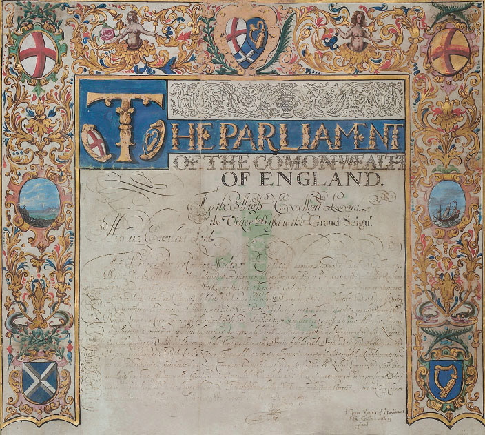 COMMONWEALTH OF ENGLAND. Two documents on vellum, illuminated letters ...