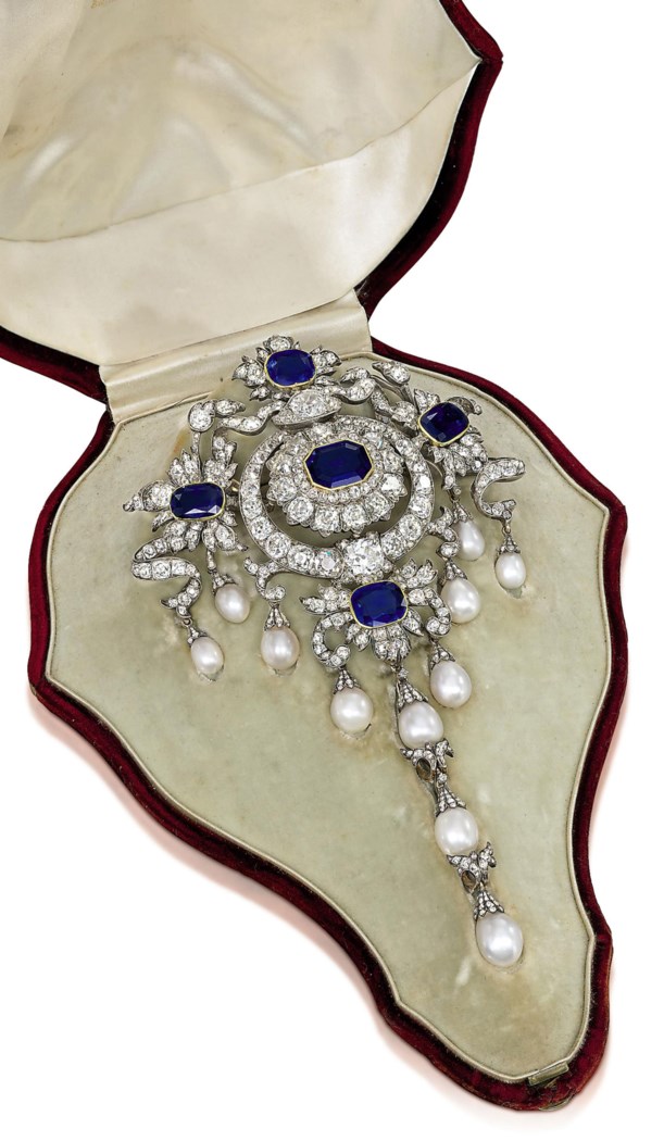 THE PORTLAND ANTIQUE SAPPHIRE, DIAMOND AND NATURAL PEARL STOMACHER ...