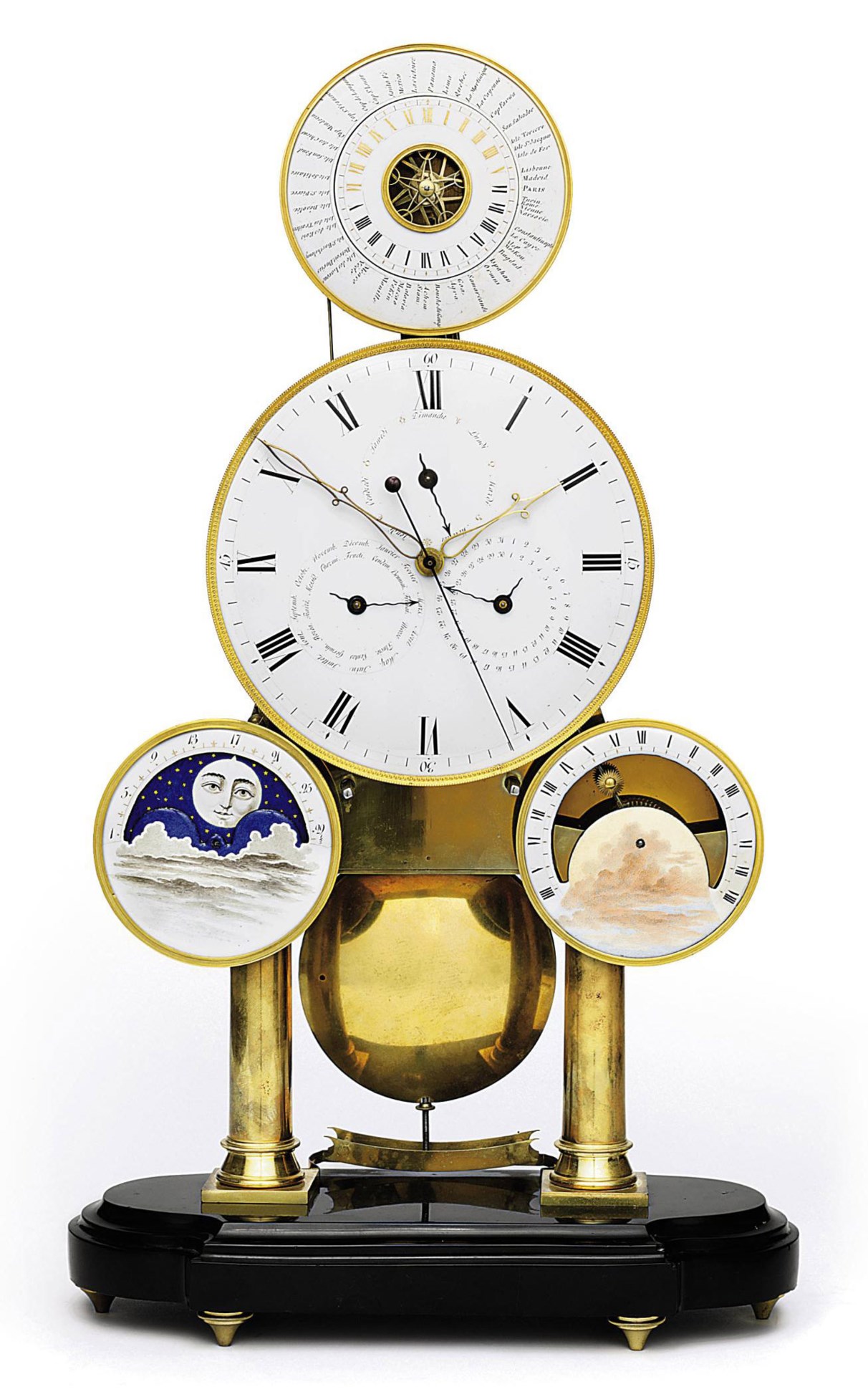 A BELGIAN ORMOLU AND BLACK MARBLE STRIKING, ASTRONOMICAL AND WORLD TIME ...