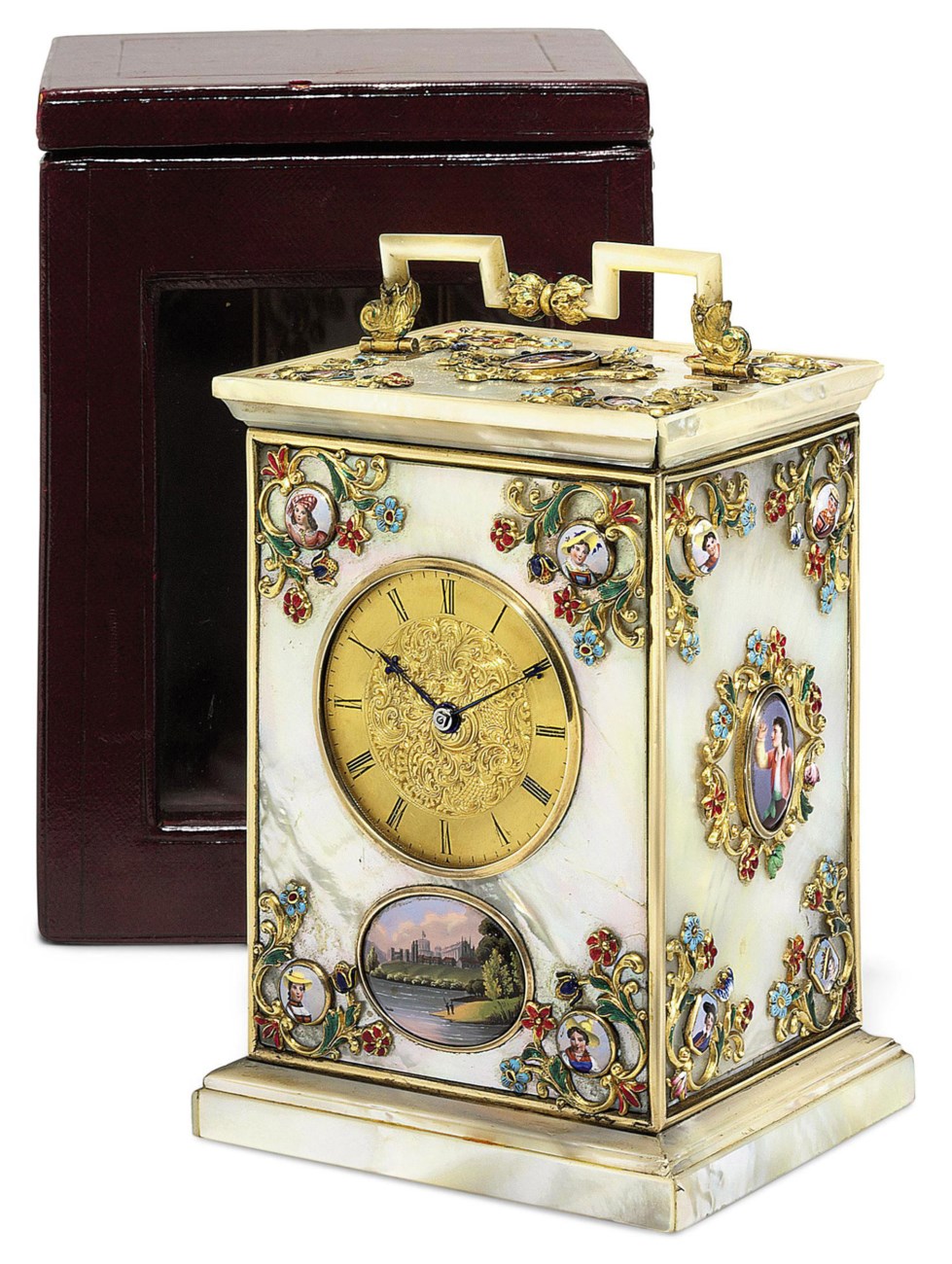 A VICTORIAN GOLD AND ENAMEL-MOUNTED MOTHER-OF-PEARL EIGHT DAY TIMEPIECE ...