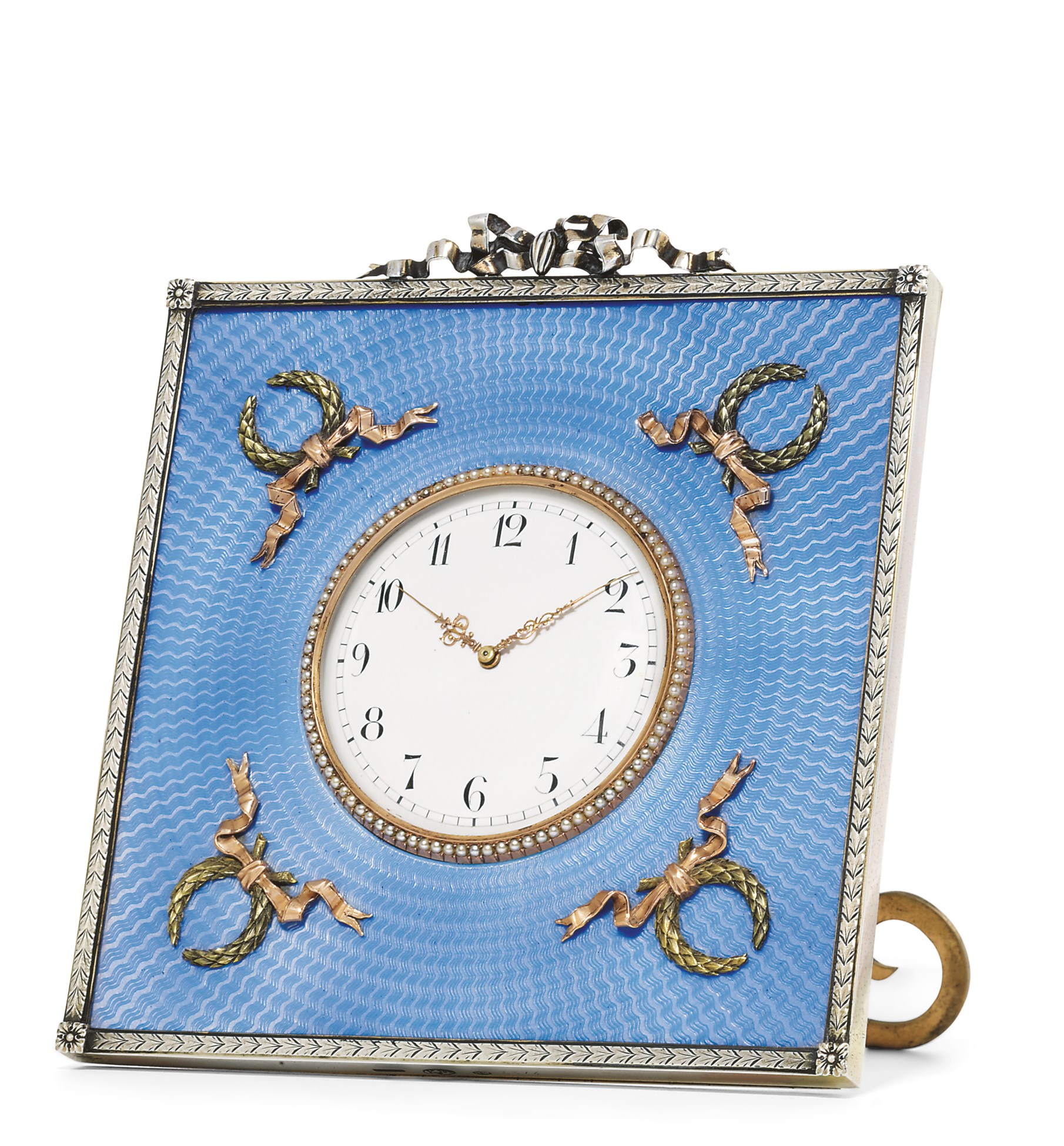 A Two-Colour Gold and Silver-Mounted Guilloché Enamel Table Clock ...
