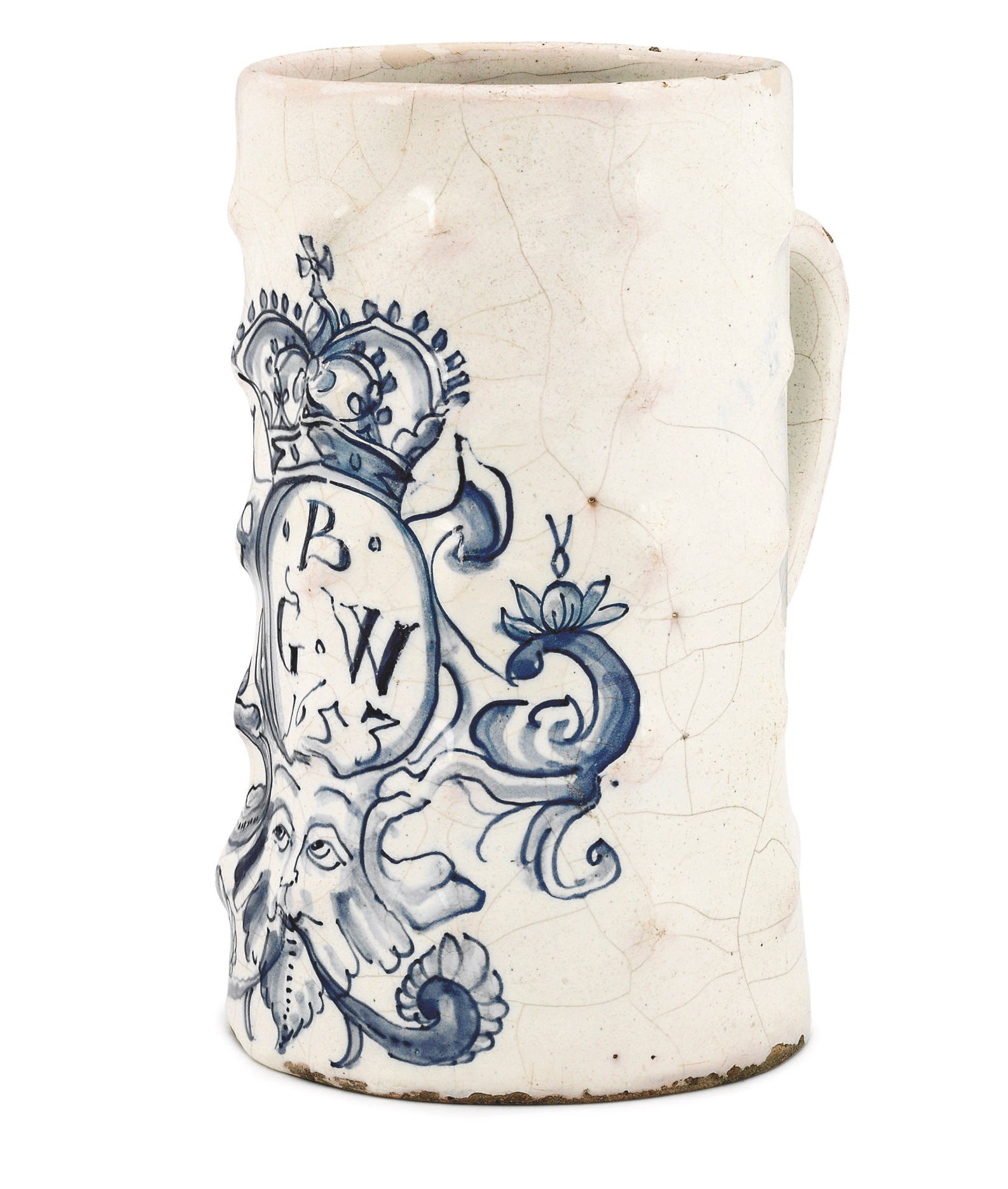 A LONDON DELFT DATED BLUE AND WHITE TANKARD