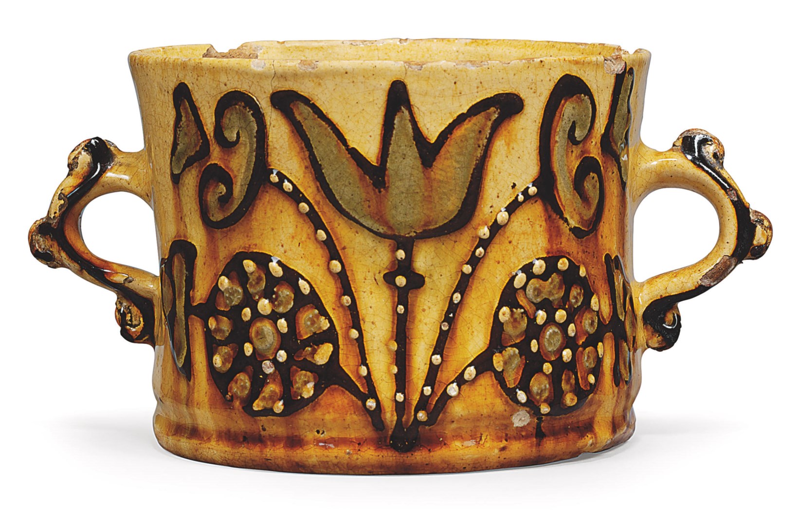 A STAFFORDSHIRE SLIPWARE TWO-HANDLED CYLINDRICAL CUP