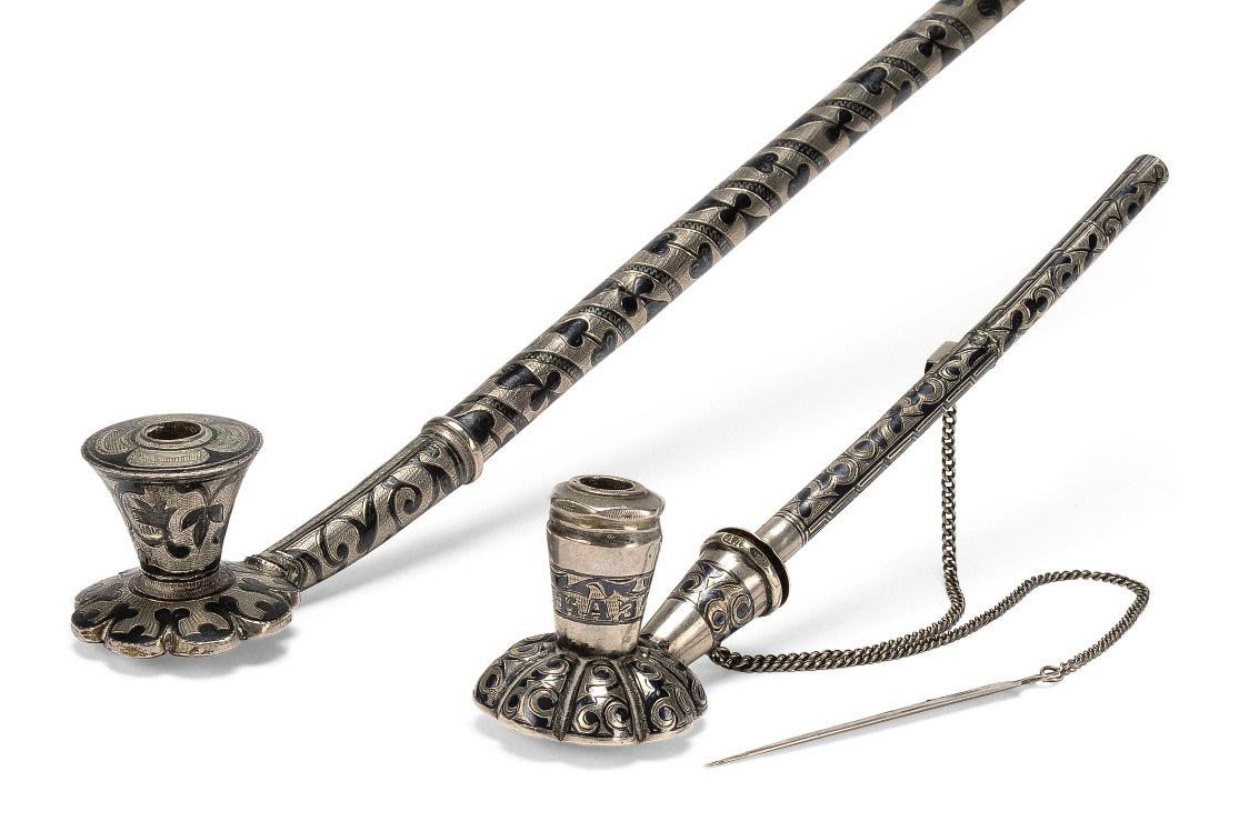 FOUR SOUTH-RUSSIAN NIELLOED-SILVER PIPES OR PIPE BOWLS , LATE 19TH ...