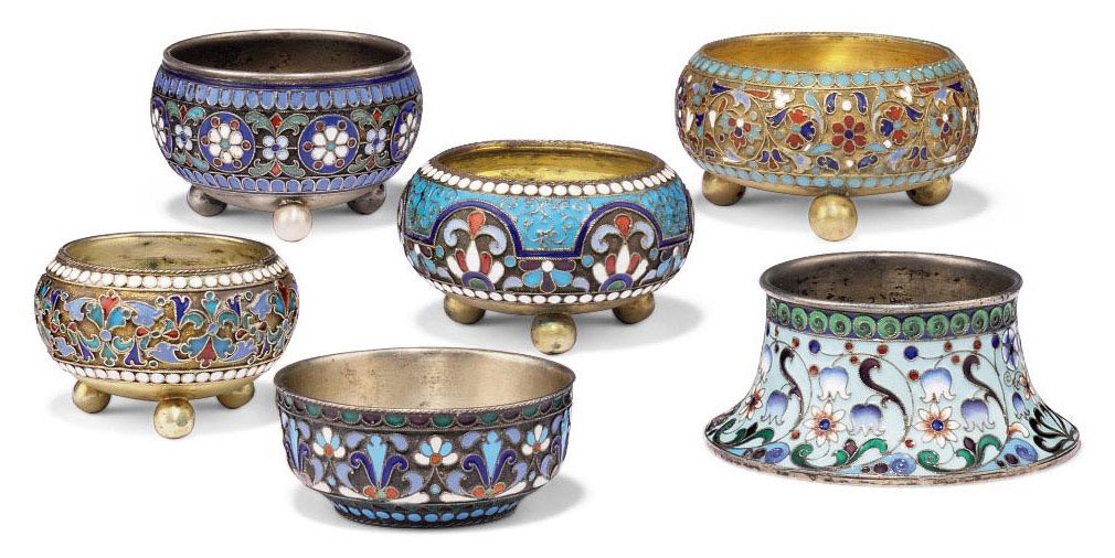 A GROUP OF SIX RUSSIAN SILVER OR SILVER-GILT AND CLOISONNE ENAMEL SALTS ...