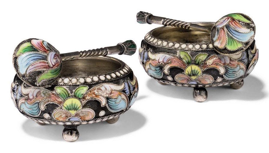 A SMALL PAIR OF RUSSIAN SILVER AND SHADED CLOISONNE ENAMEL SALTS WITH ...