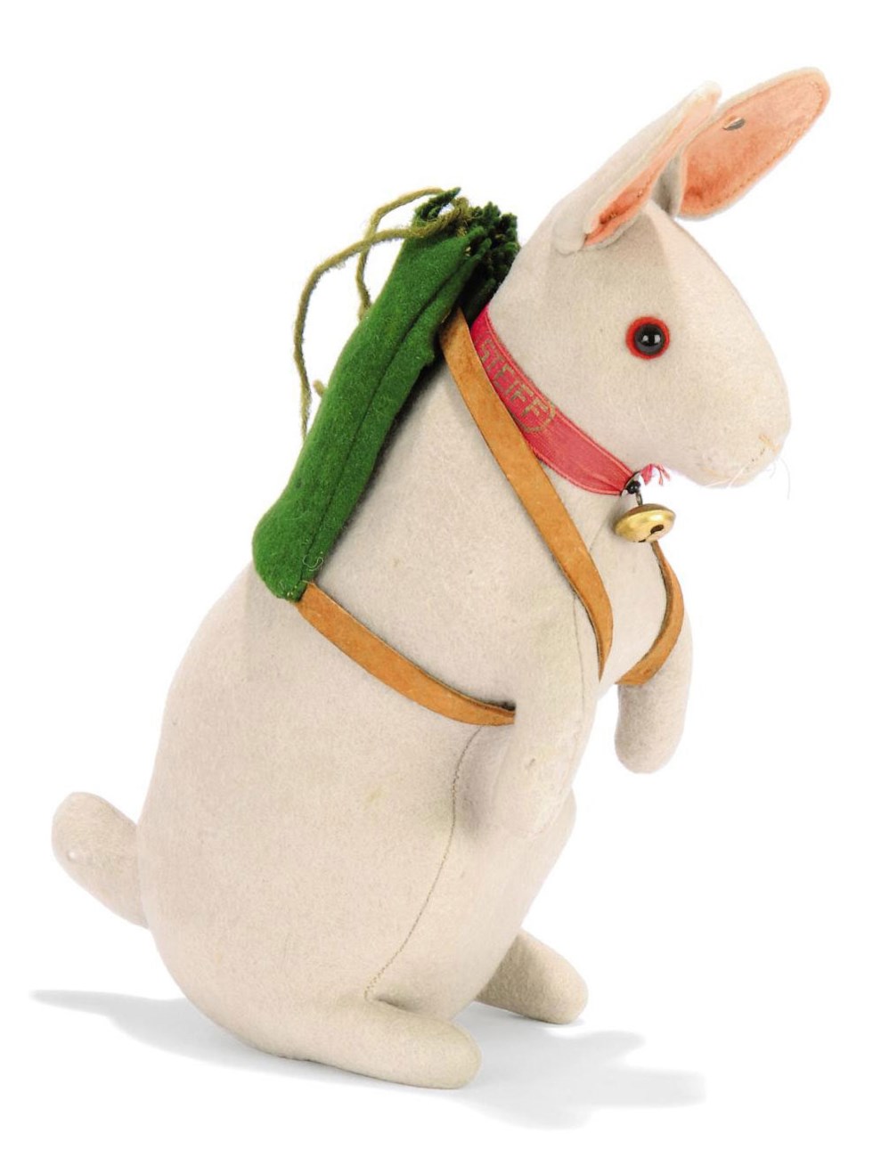 A STEIFF FELT BEGGING RABBIT WITH PRESENT SACK, (4122,7), grey, black ...