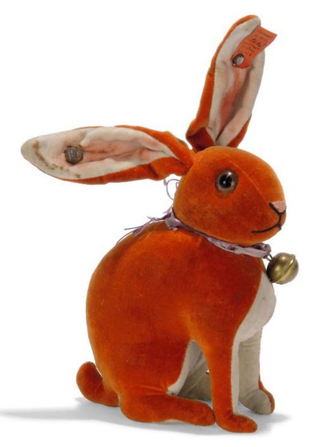A STEIFF SAMPLE ORANGE VELVET RABBIT, (3415), seated, brown and black ...