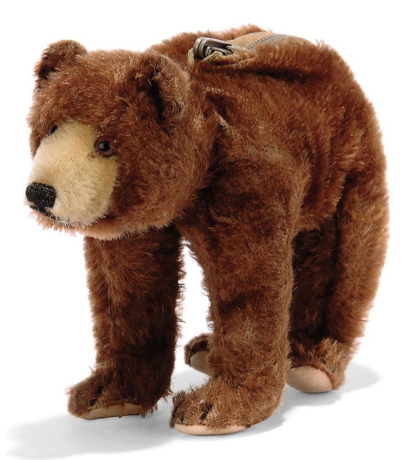 A STEIFF BEAR PURSE, (1317P), standing, brown mohair, inset cream ...