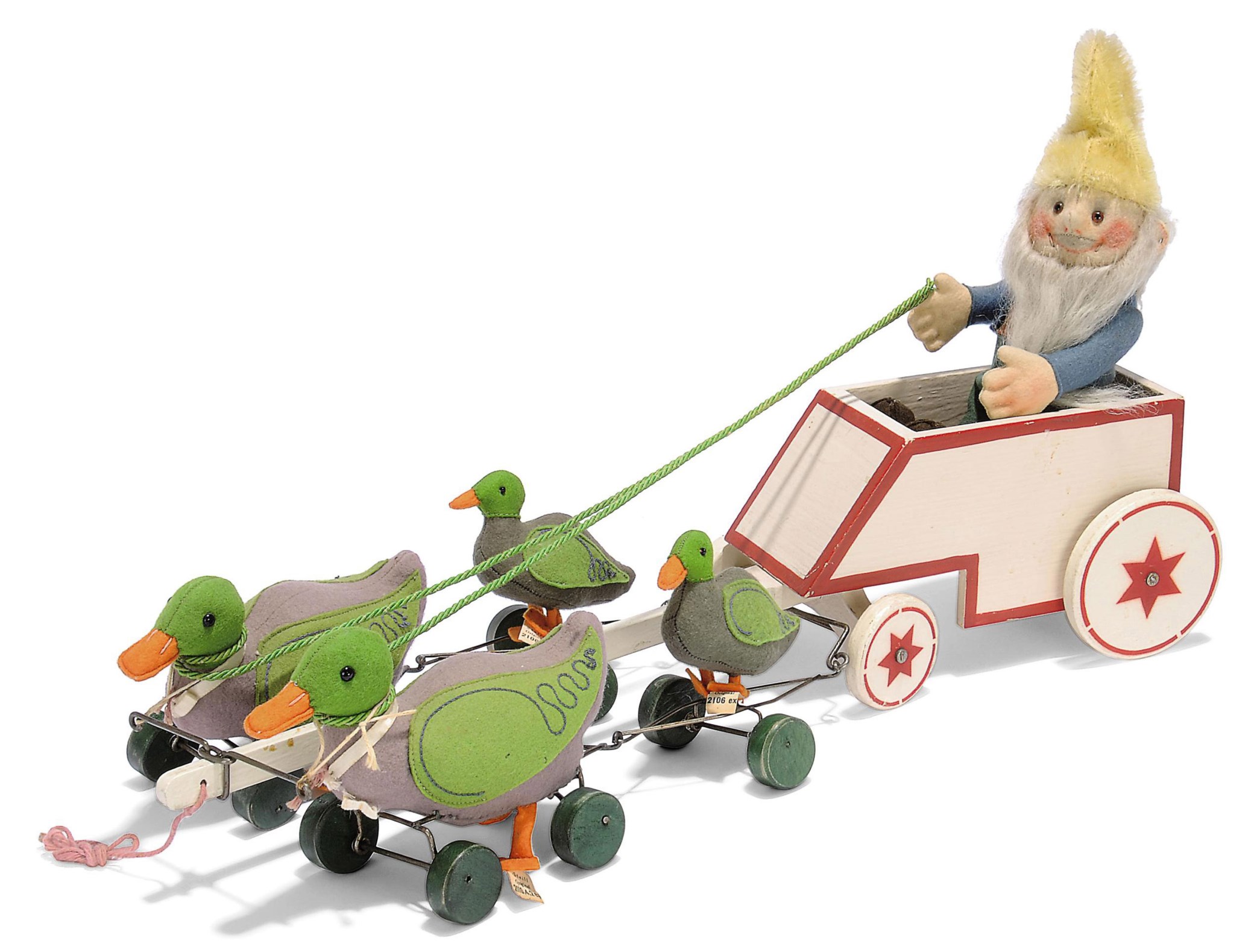 A STEIFF DUCK DRAWN WAGON, (2110/812), white and red painted wooden ...