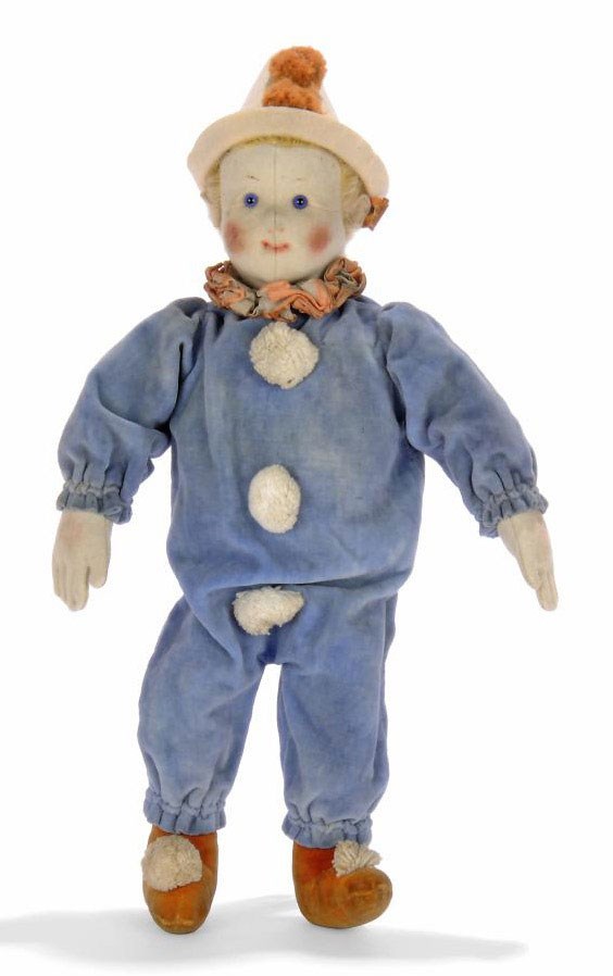 A STEIFF FELT CLOWN DOLL, (435), white felt face and hands, blue and ...