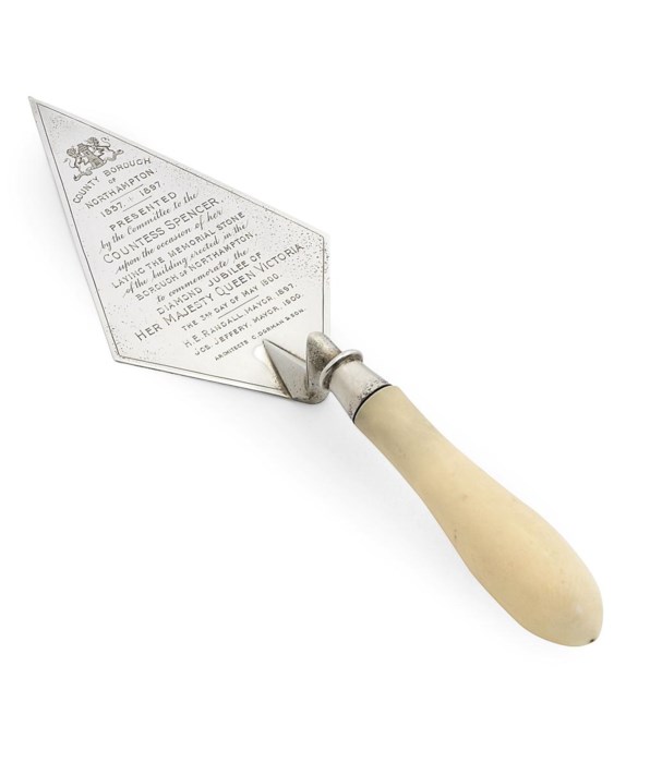 A VICTORIAN SILVER AND IVORY PRESENTATION TROWEL , MARK OF GEORGE ...