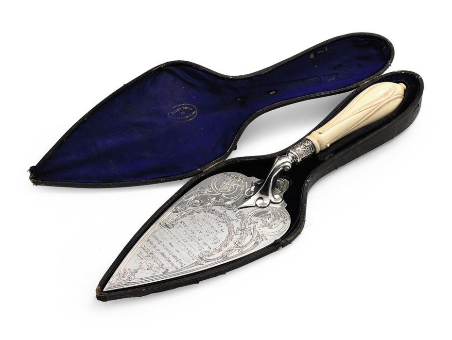 A VICTORIAN SILVER AND IVORY PRESENTATION TROWEL , MARK OF HENRY ...