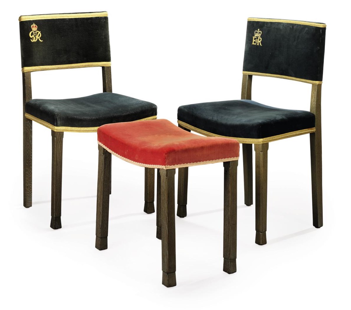 A GEORGE VI LIMED OAK CORONATION CHAIR AND STOOL AND A QUEEN ELIZABETH ...