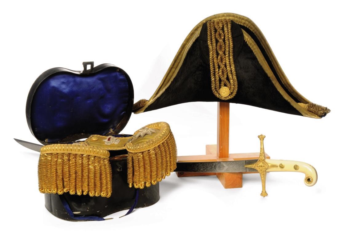 A BRITISH ADMIRAL'S MAMELUKE HILTED SWORD, COCKED HAT AND EPAULETTES ...