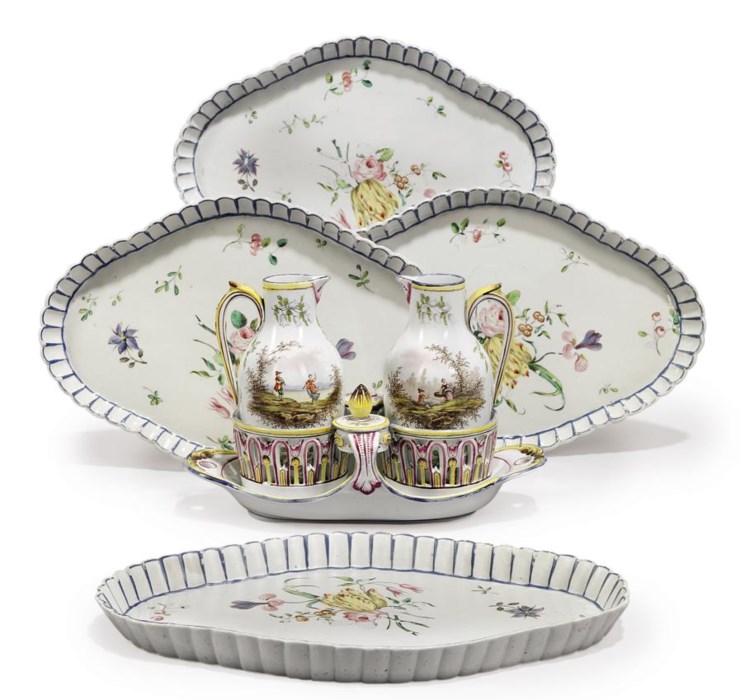 FOUR CONTINENTAL PORCELAIN FLUTED LOZENGE SHAPED DISHES AND A FRENCH ...