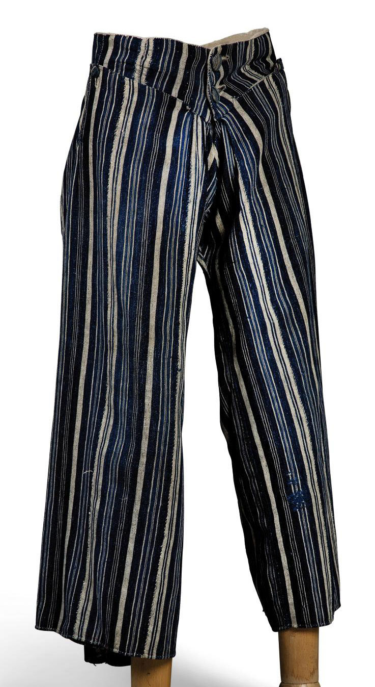 A PAIR OF INDIGO AND WHITE LINEN STRIPED PANTALOONS , FRENCH, LATE 18TH ...