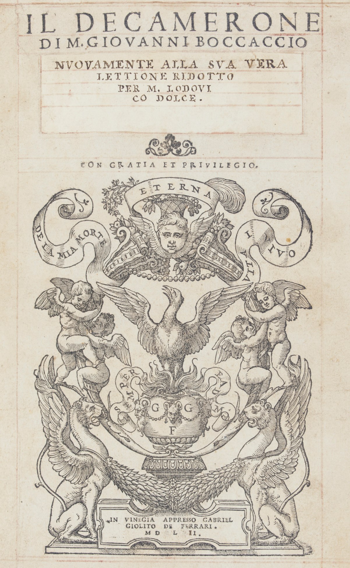 BOCCACCIO, Giovanni (1313-1375). Il Decamerone, edited by Lodovico ...