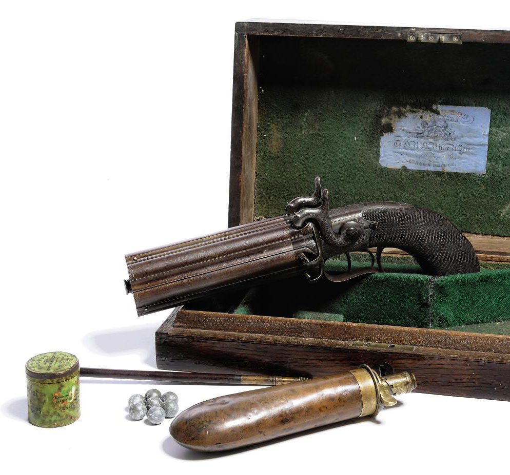 A VERY RARE CASED 28-BORE HAND-ROTATED SIX-SHOT DOUBLE-HAMMER BOXLOCK ...