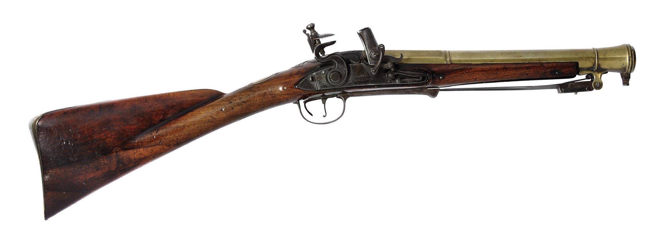 A RARE SELF-PRIMING BRASS-BARRELLED FLINTLOCK BLUNDERBUSS , BY WATERS ...