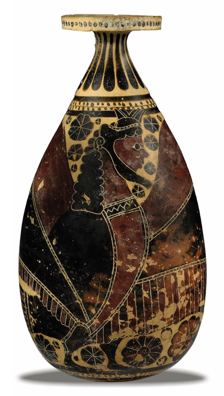 A LARGE EARLY CORINTHIAN POTTERY ALABASTRON , ATTRIBUTED TO THE LUXUS ...