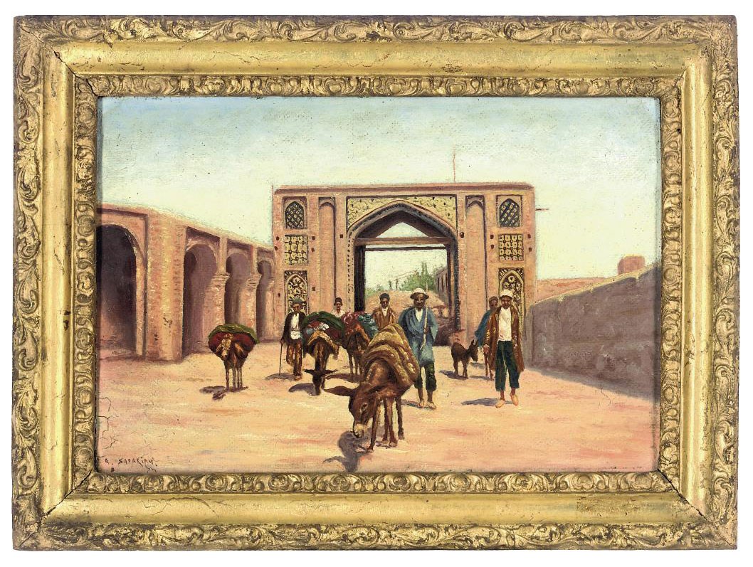 A SIGNED SAFAVID REVIVAL MINIATURE AND AN OIL PAINTING SIGNED A ...