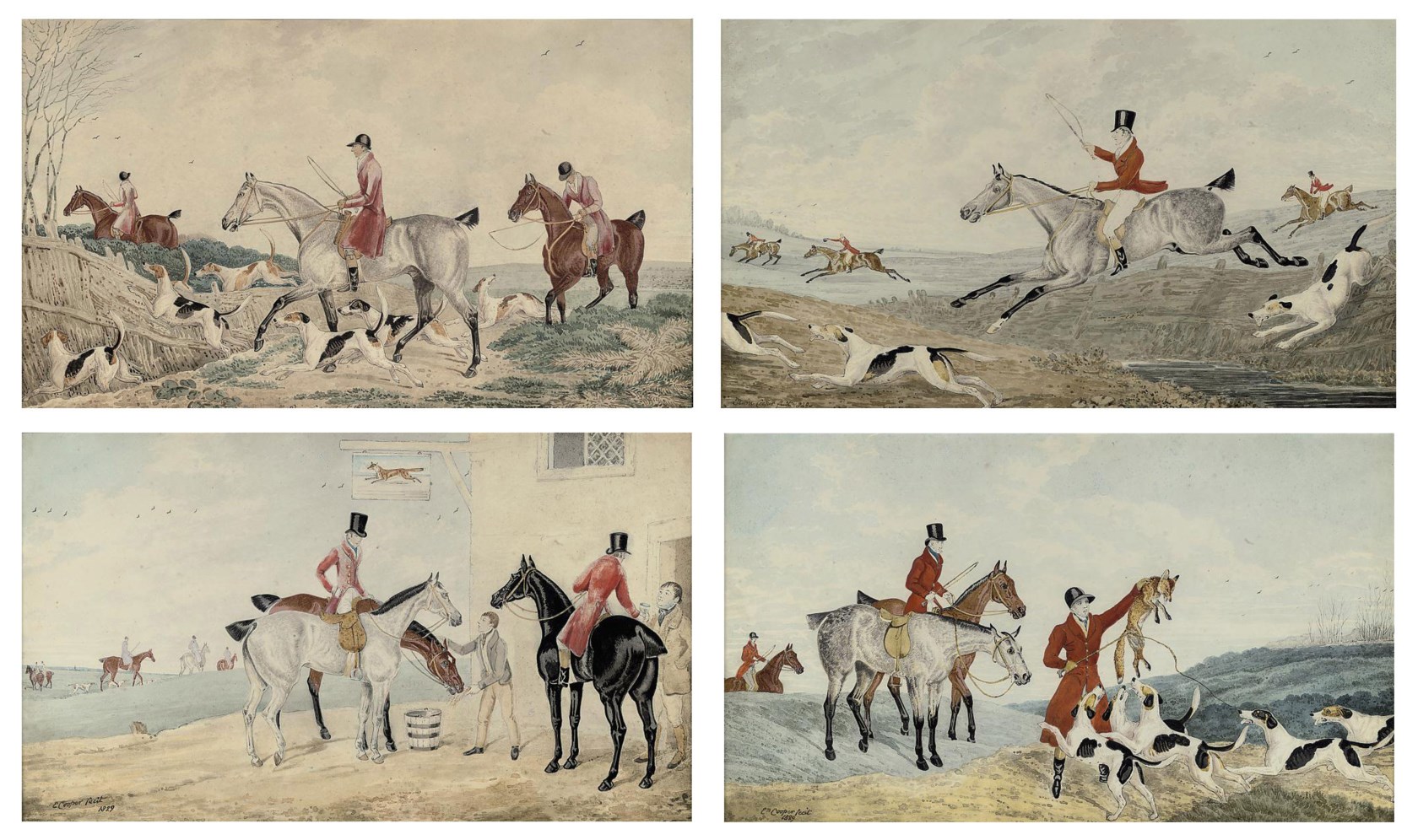 Edwin Cooper (1785-1833) , The meet; Setting off; Tally Ho!; and The ...