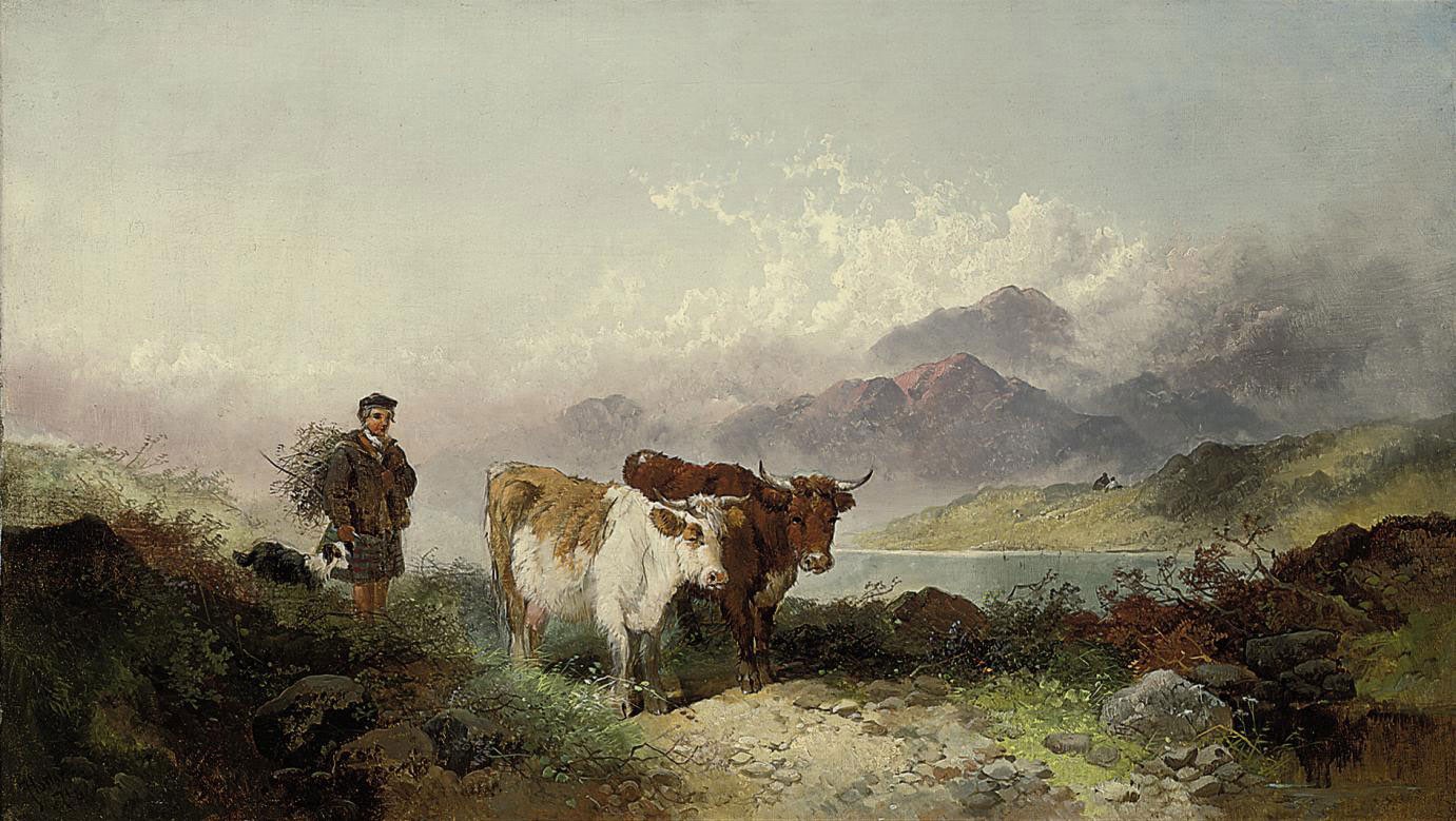 Joseph Horlor (1809-1887) , A drover and cattle beside a Highland Loch ...