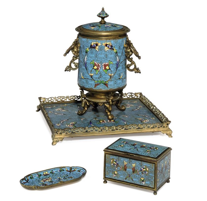 A FRENCH BRASS AND CLOISONNE DESK SET