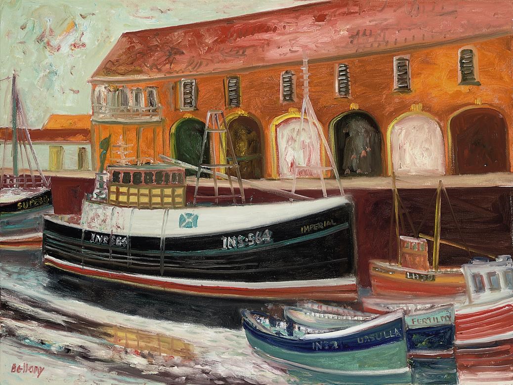 John Bellany (b. 1942) , Fishing boats in Inverness | Christie's