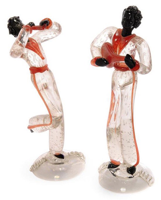 TWO MURANO GLASS BLACKAMOOR MINSTREL FIGURES IN THE STYLE OF SEGUSO ...