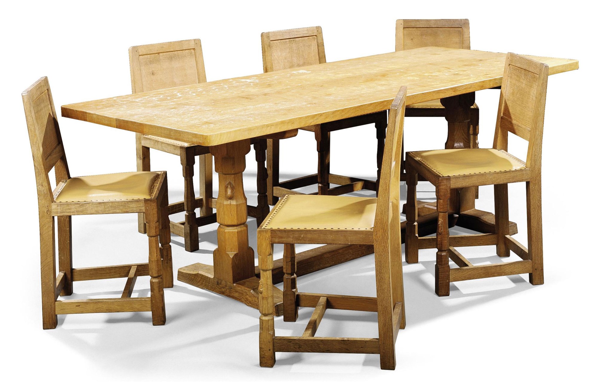 A ROBERT THOMPSON 'MOUSEMAN' OAK DINING TABLE AND SIX CHAIRS , LATE ...