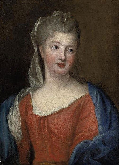 Follower of Pierre Mignard , Portrait of a lady, half-length, in a red ...