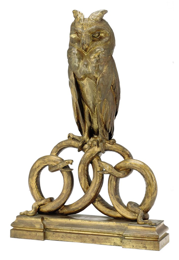 'WISDOM AND KNOWLEDGE' A GILT AND PATINATED BRONZE SCULPTURE