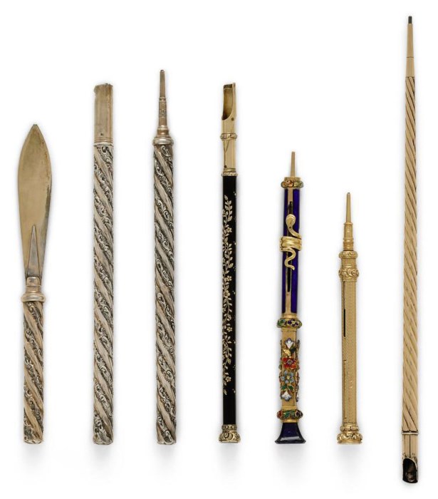 A GROUP OF GOLD, ENAMEL AND SILVER-GILT PENS AND PENCILS , VARIOUS ...