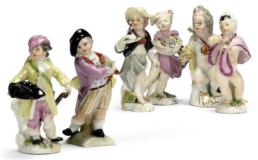 SIX GERMAN PORCELAIN SMALL FIGURES , 18TH CENTURY, SOME WITH BLUE ...
