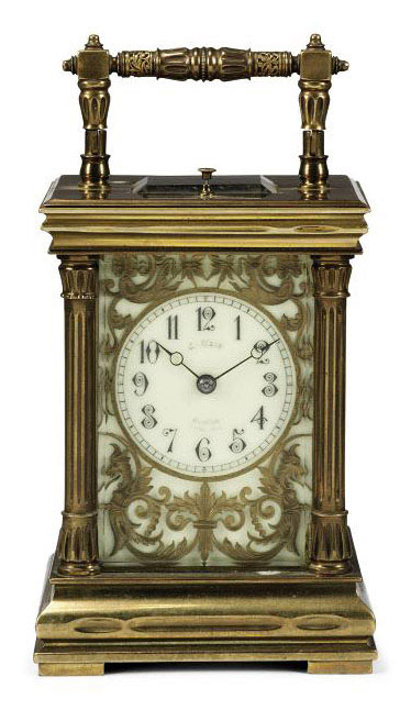 A FRENCH GILT-BRASS STRIKING AND REPEATING CARRIAGE CLOCK , RAINGO ...