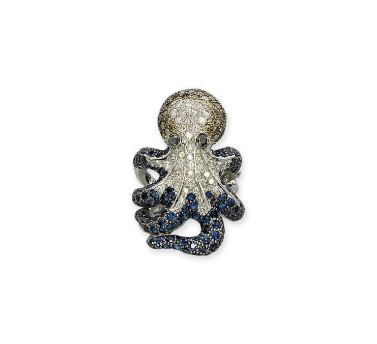 A SAPPHIRE, DIAMOND AND COLOURED DIAMOND OCTOPUS RING, BY SENSO ...