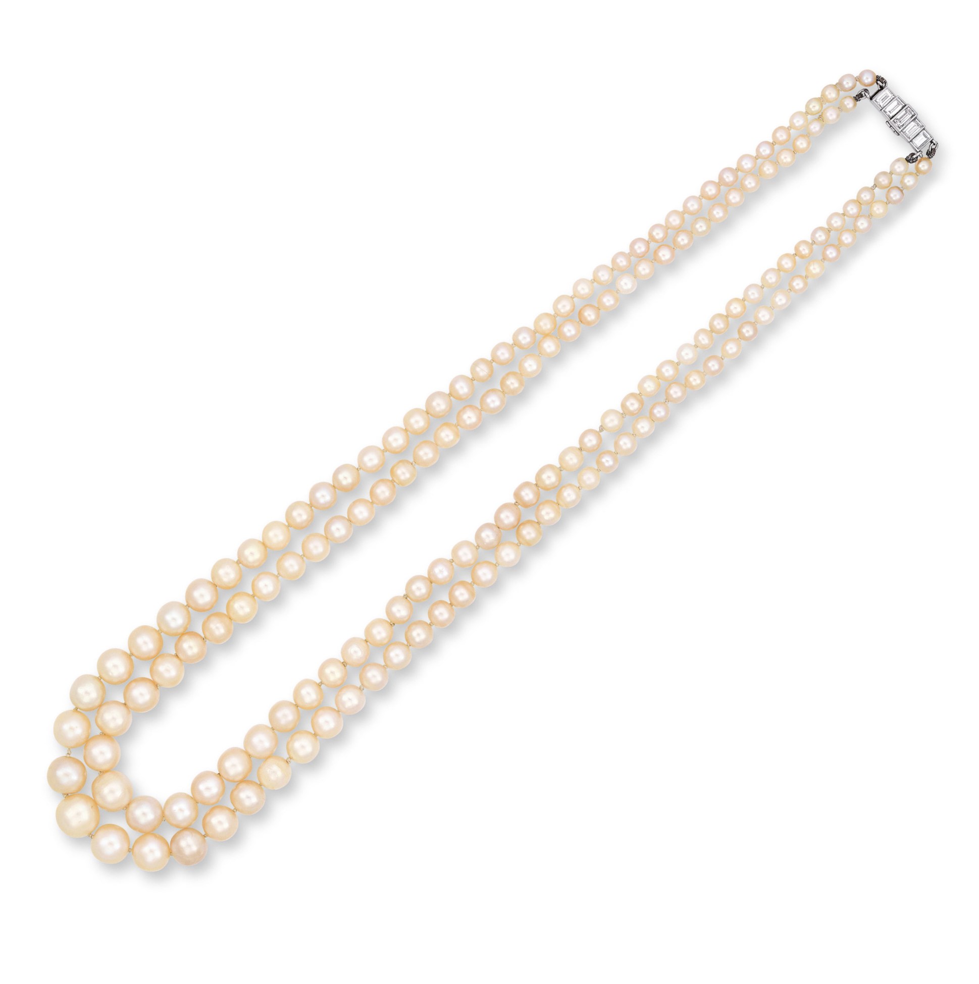 A TWO-STRAND NATURAL PEARL AND DIAMOND NECKLACE, BY CARTIER