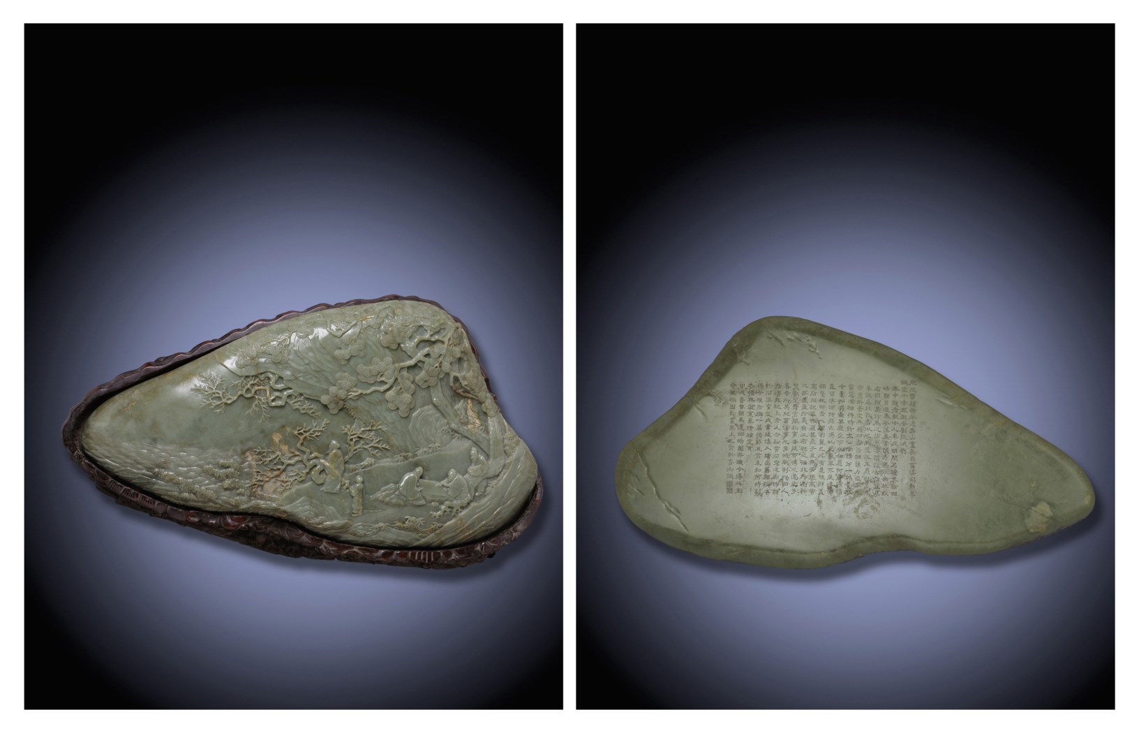 AN IMPORTANT IMPERIAL MASSIVE INSCRIBED CELADON JADE 'FOUR SAGES ...