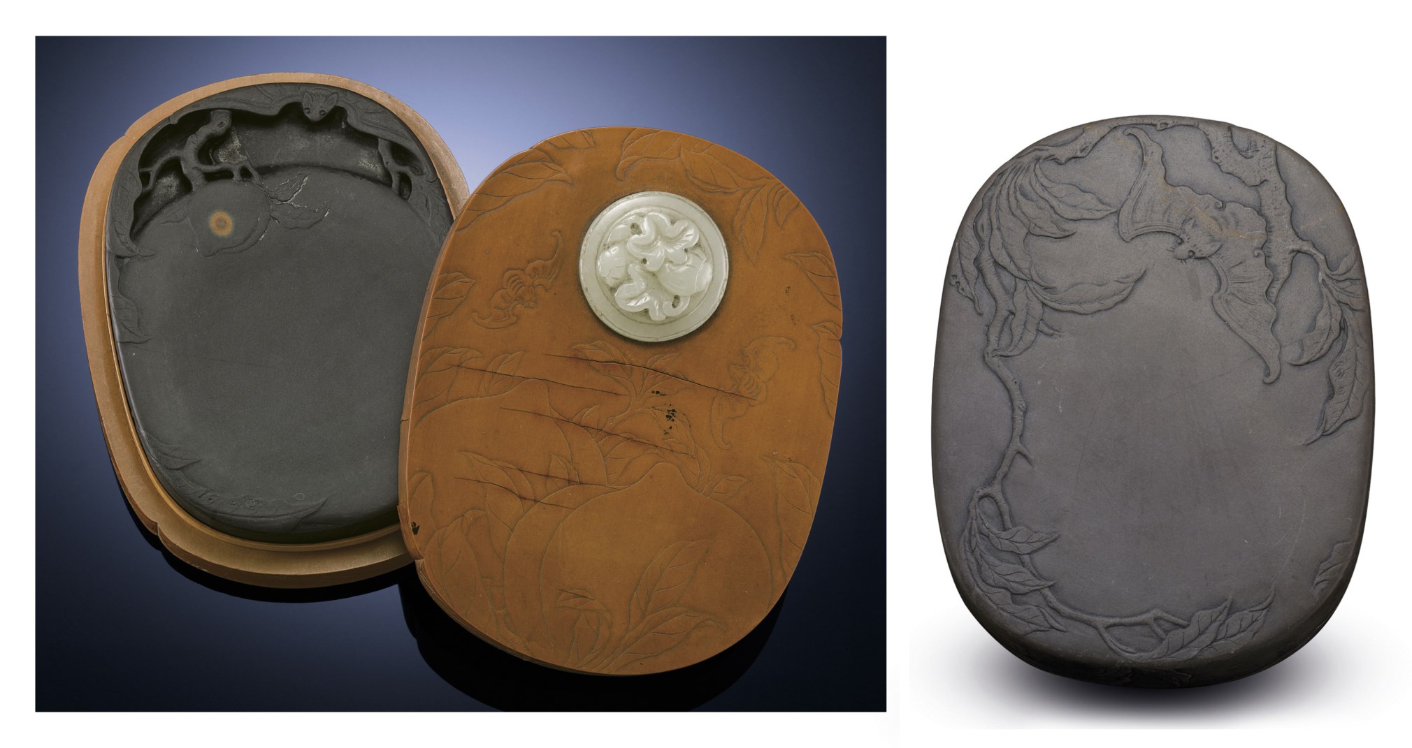 A VERY RARE IMPERIAL DUAN INKSTONE AND ACCOMPANYING BAMBOO VENEER BOX ...