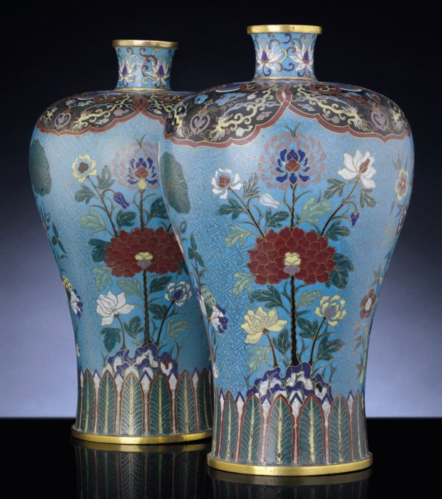A FINE AND RARE PAIR OF CLOISONNE ENAMEL MEIPING , LATE QIANLONG/EARLY ...