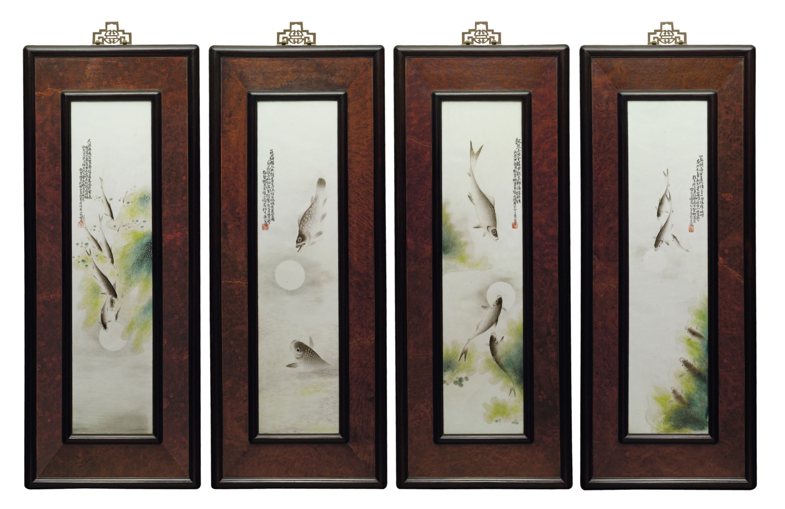 A FINE SET OF FOUR ENAMELLED 'FISH' CERAMIC PLAQUES , REPUBLIC PERIOD ...