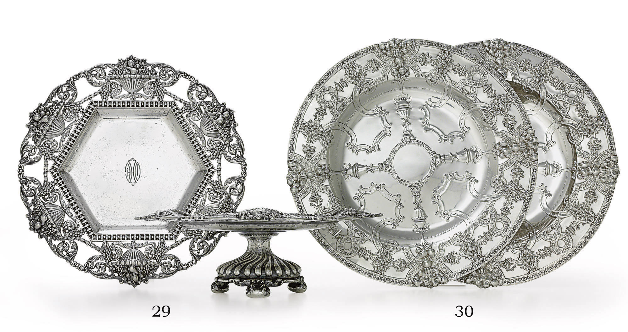 A PAIR OF SILVER DESSERT PLATES