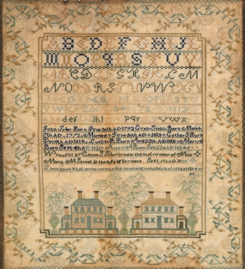 A SILK ON LINEN NEEDLEWORK SAMPLER , WORKED BY ESTHER TYLER UNDER ...