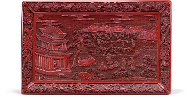 AN UNUSUAL CARVED RED LACQUER RECTANGULAR TRAY