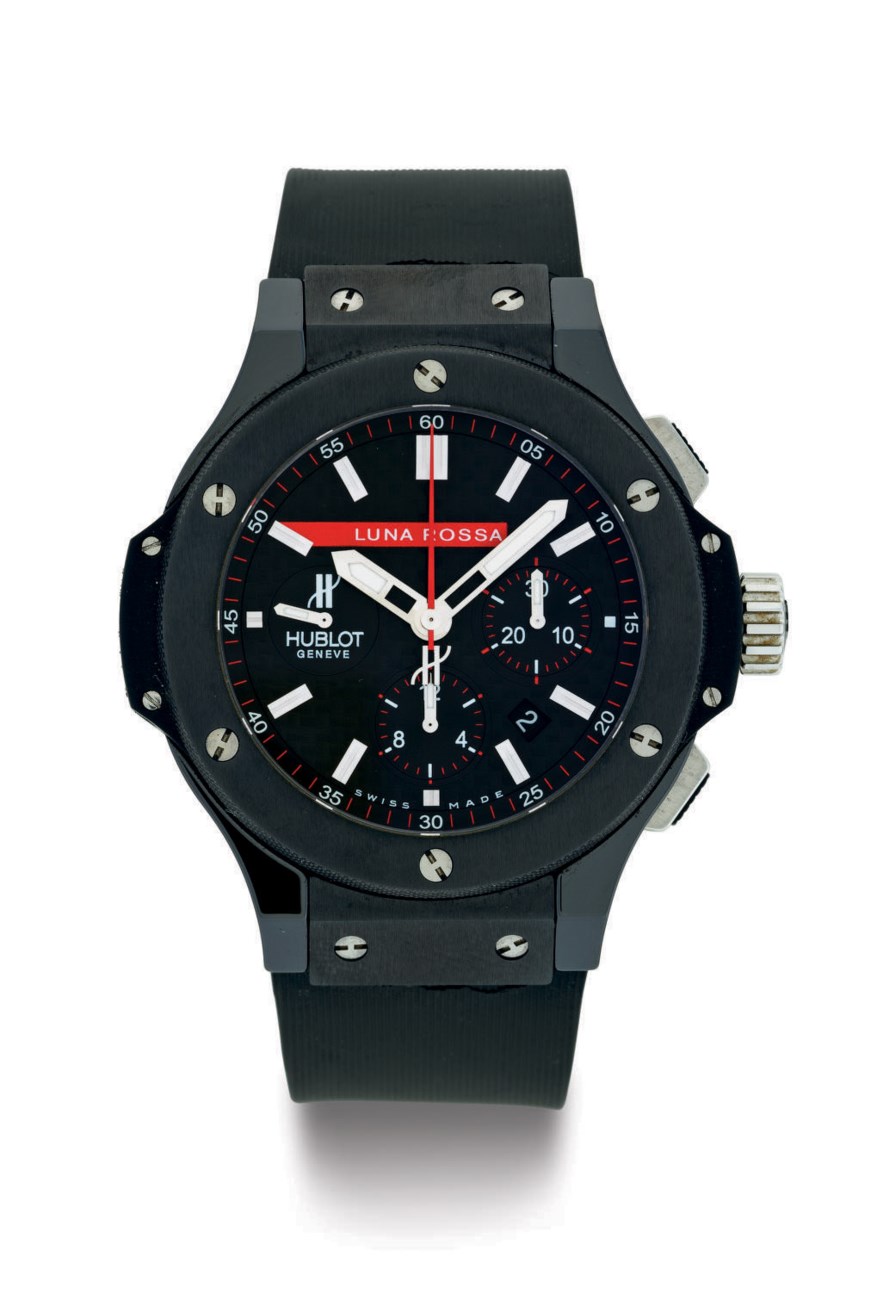 HUBLOT. A LIMITED EDITION CERAMIC AUTOMATIC CHRONOGRAPH WRISTWATCH WITH DATE, SIGNED HUBLOT, BIG ...