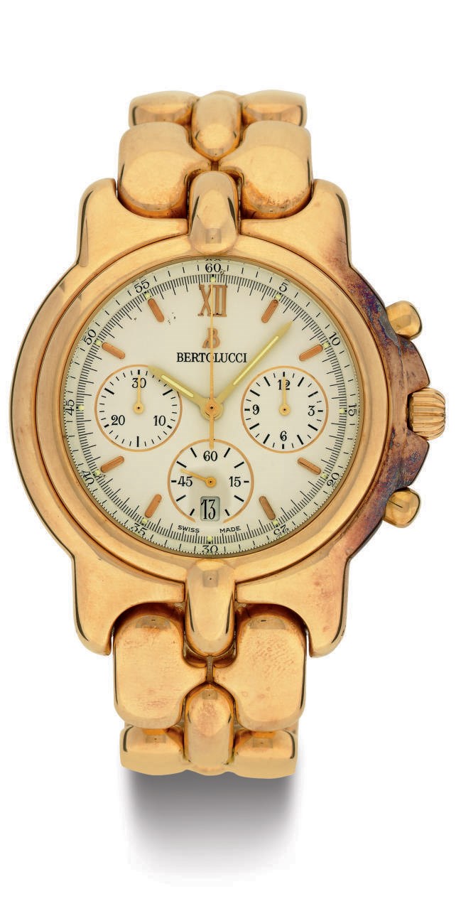 BERTOLUCCI. AN 18K GOLD CHRONOGRAPH WRISTWATCH WITH DATE AND BRACELET ...