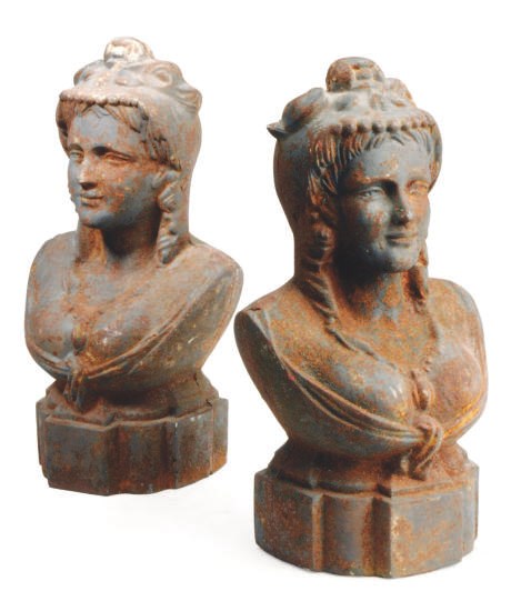 A PAIR OF CAST IRON BUSTS OF MAIDENS,